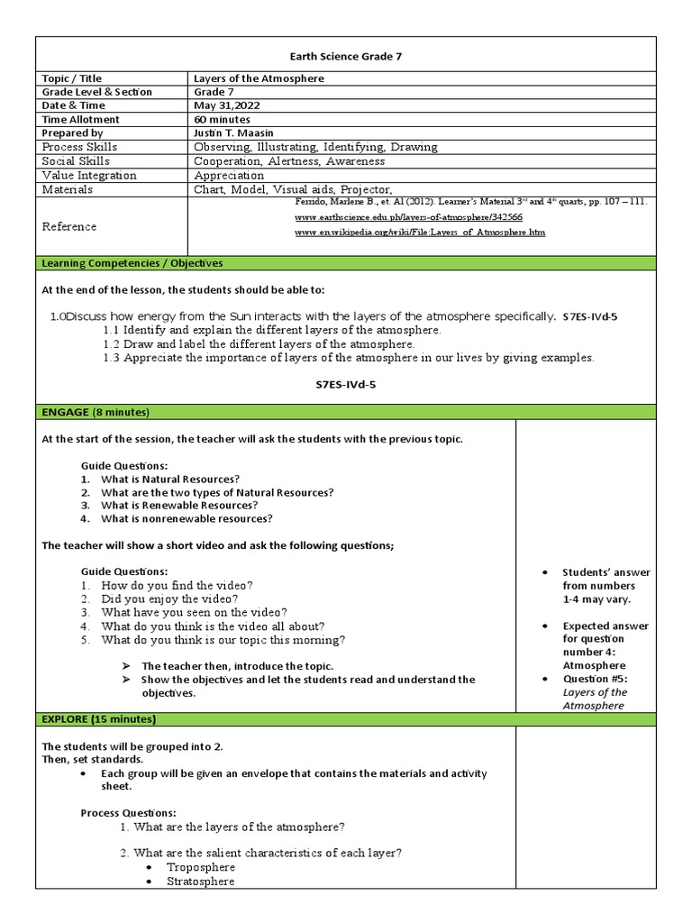 Grade 7 Lesson Plan: Atmosphere Layers | PDF | Equator | Atmosphere Of ...