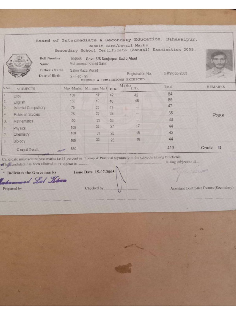 Intermediate Marksheet BWP Board 2007 | PDF