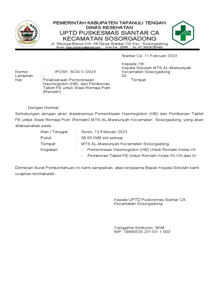 Undangan Pelaksanaan Pemeriksaan HB Dan Pemberian Tablet FE | PDF