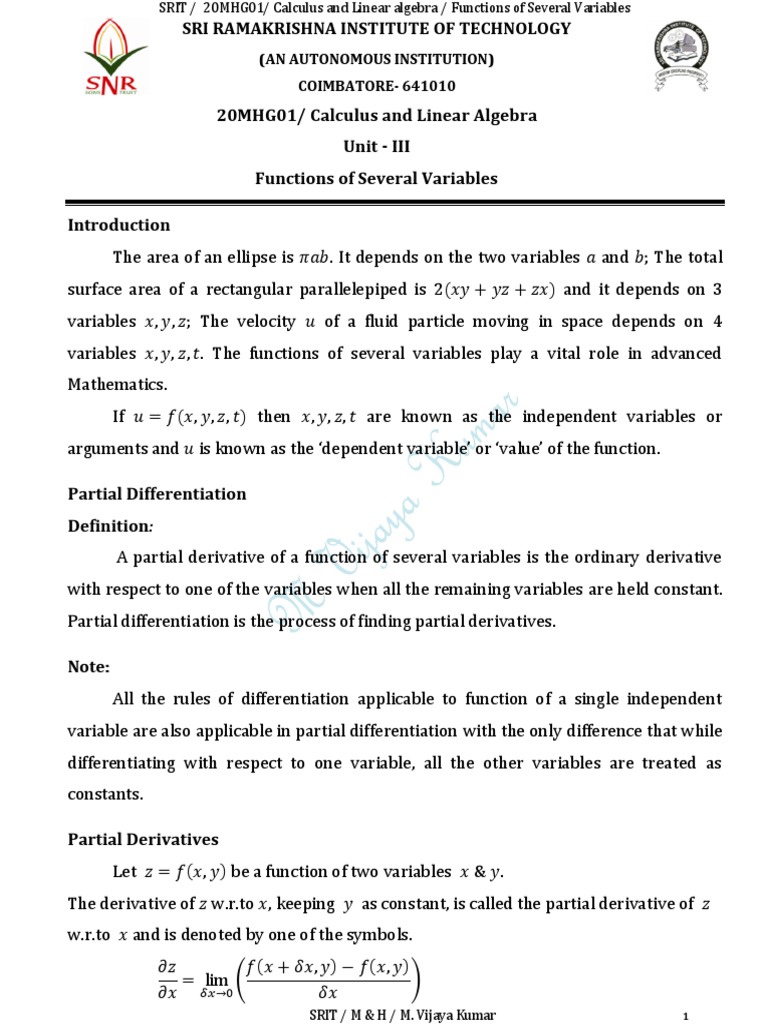 20mhg01 Functions of Several Variables | PDF | Maxima And Minima | Derivative