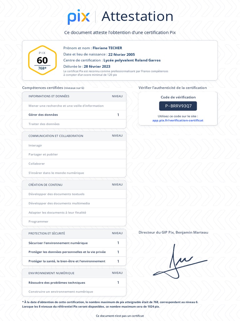 Certification Pix : Compétences numériques validées | PDF