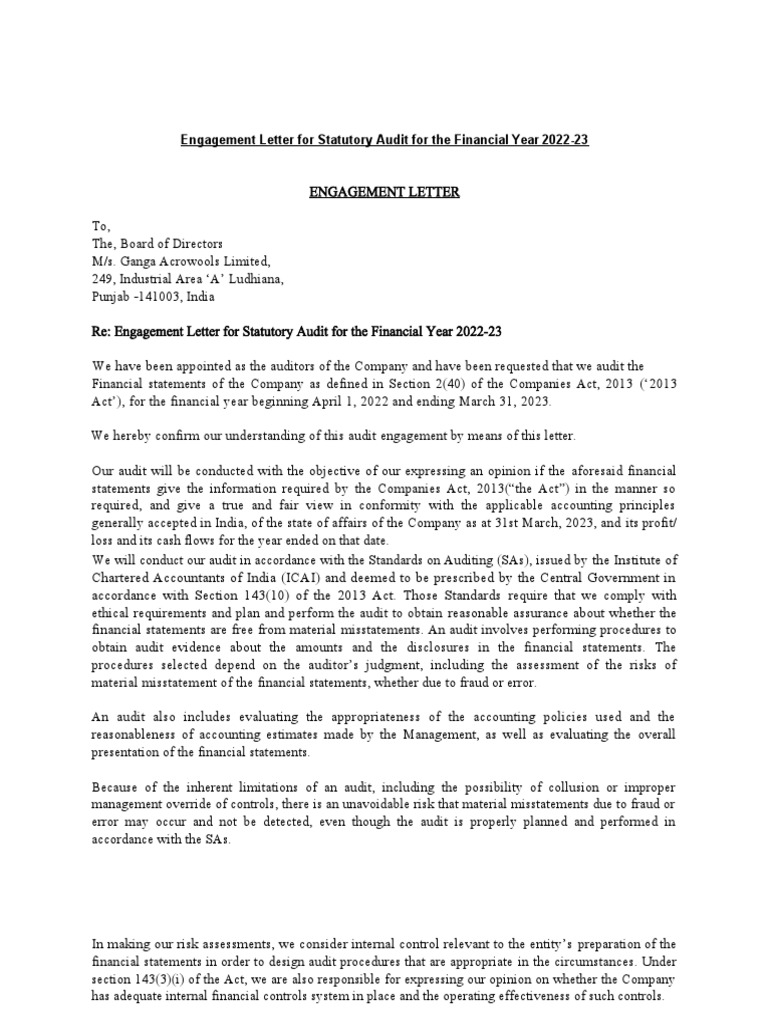 Statutory Audit Engagement Letter 2022-23 | PDF | Audit | Financial Audit