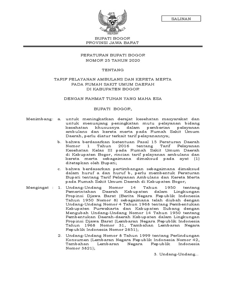 Perbup No. 25 Tahun 2020 Tentang Tarif Pelayanan Ambulans Dan Kereta ...