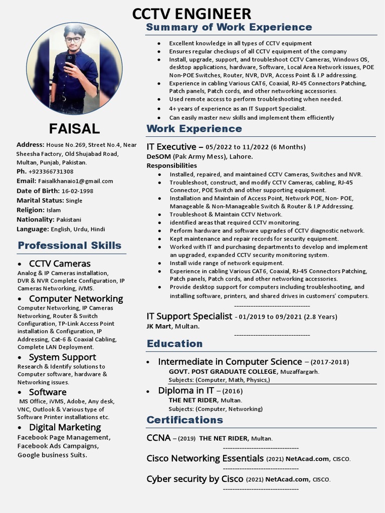CV CCTV Tech | Download Free PDF | Computer Network | Cisco Certifications