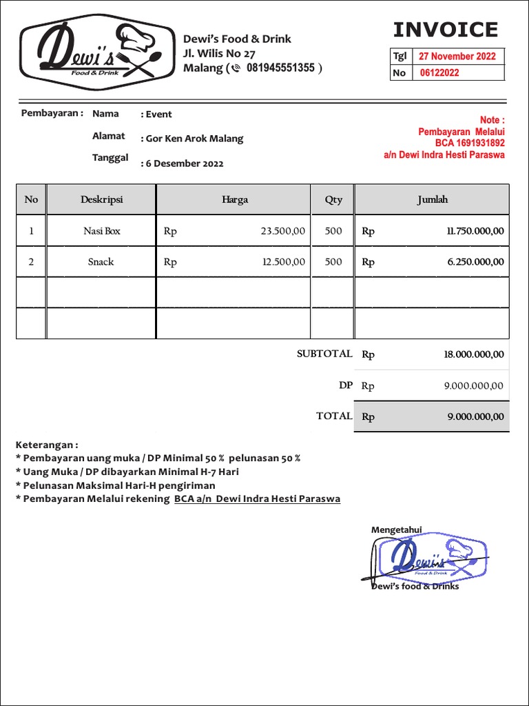 Contoh Invoice Katering Makanan | PDF