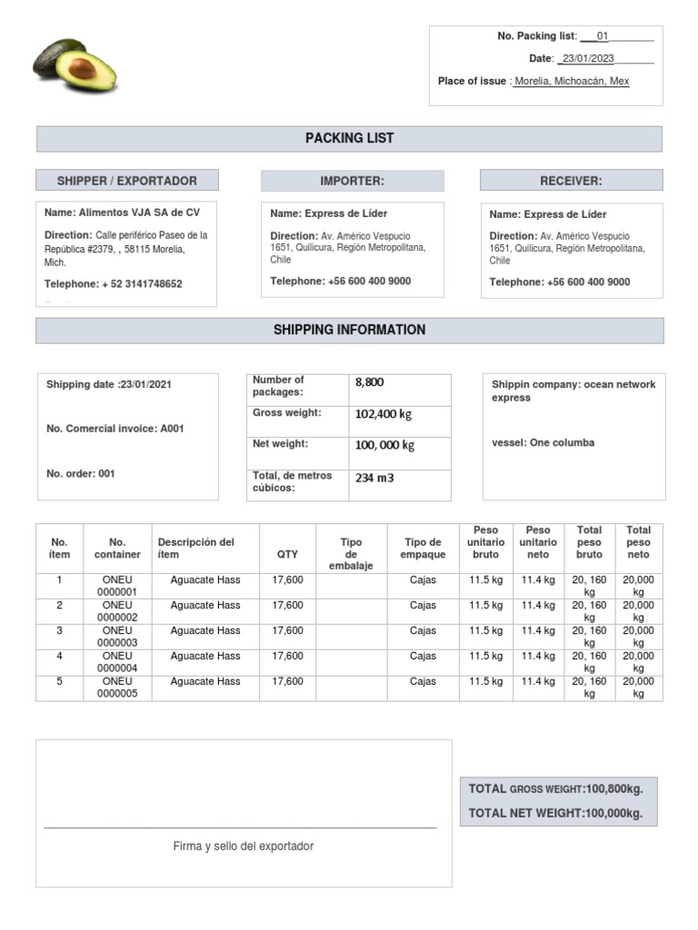 Packing List Aguacate | PDF | Aguacate | Fruta tropical