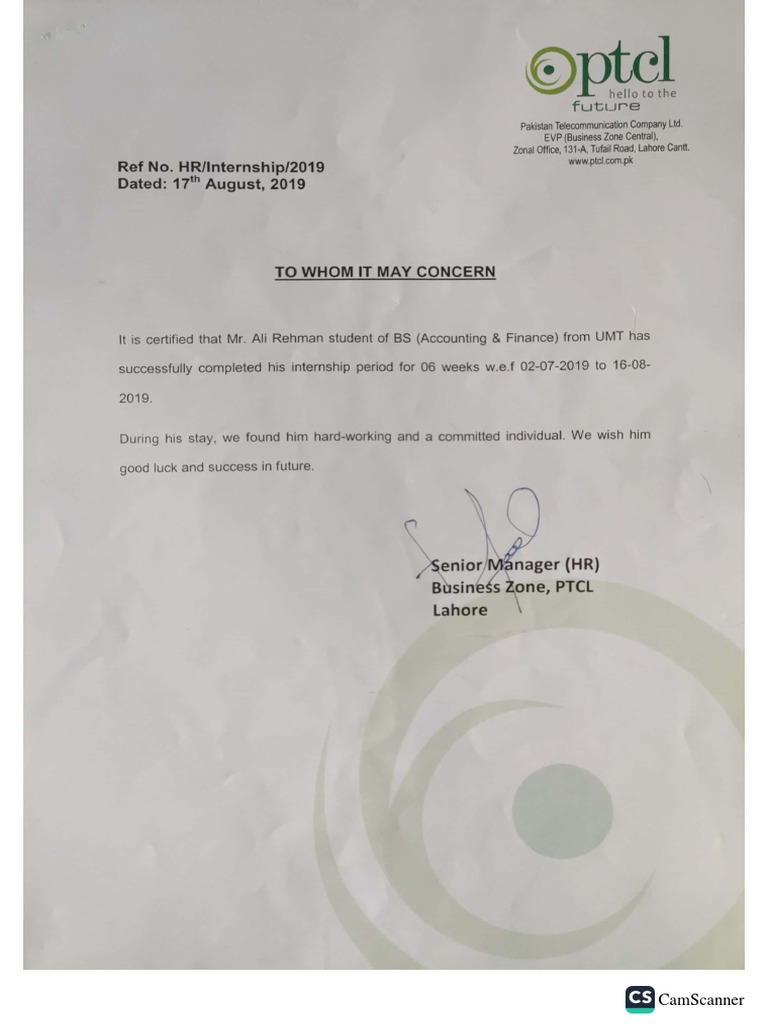 PTCL Internship Letter | PDF