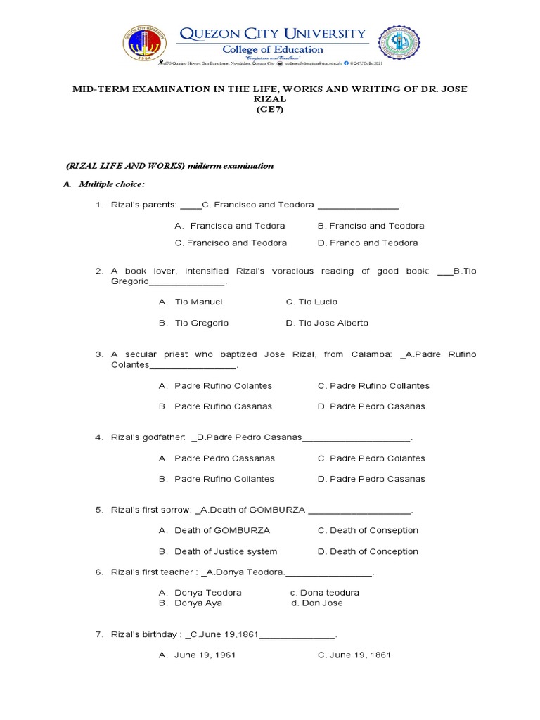 RIZAL Midterm Exam Today | PDF | Philippines