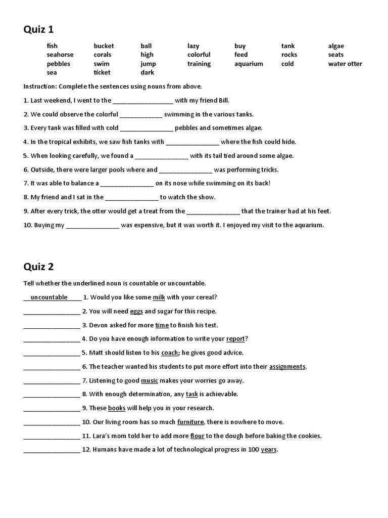 Noun and Sentence Structure Quizzes | PDF | Aquarium