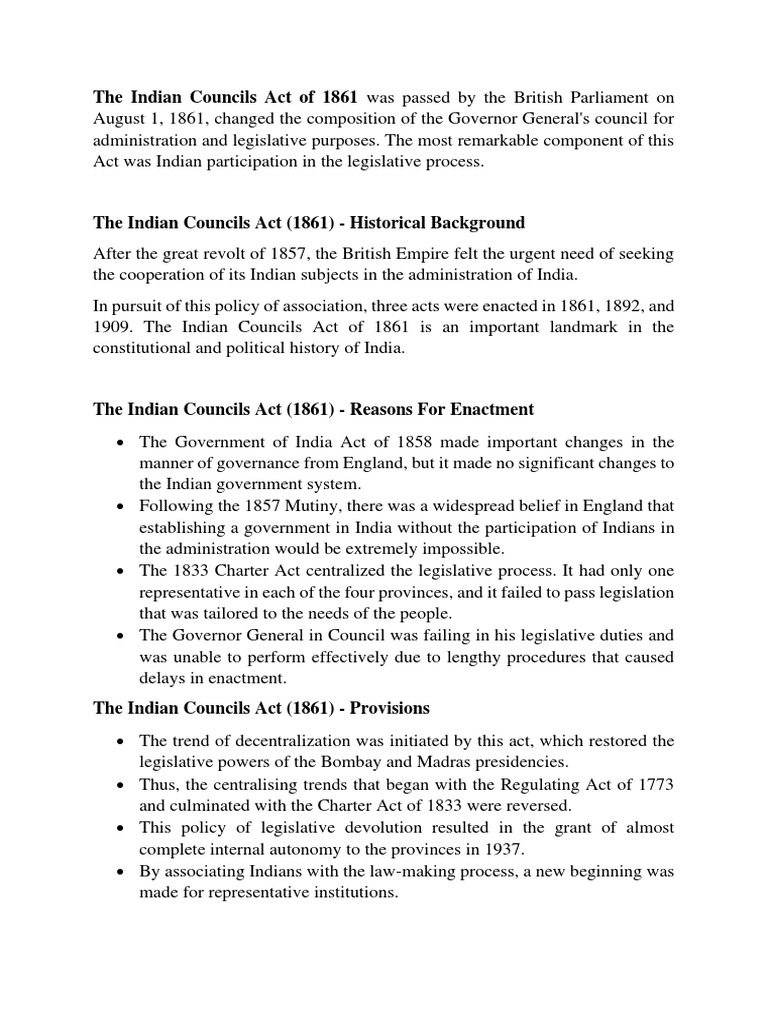 Indian Council Act 1861 | PDF | Government | Justice