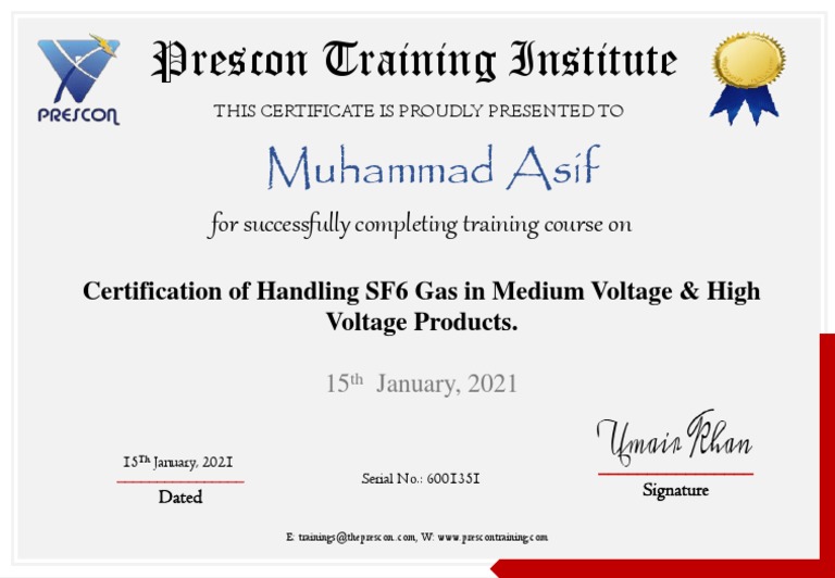 SF6 Gas Training Certificate-Muhammad Asif | PDF