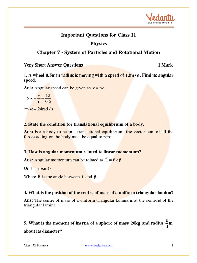 Important Questions For CBSE Class 11 Physics Chapter 7 | PDF | Rotation Around A Fixed Axis ...