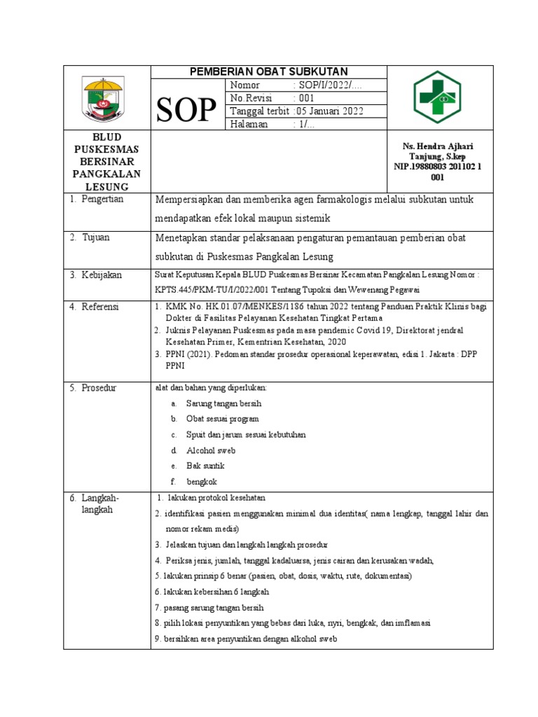 Sop Pemberian Obat Subkutan | PDF