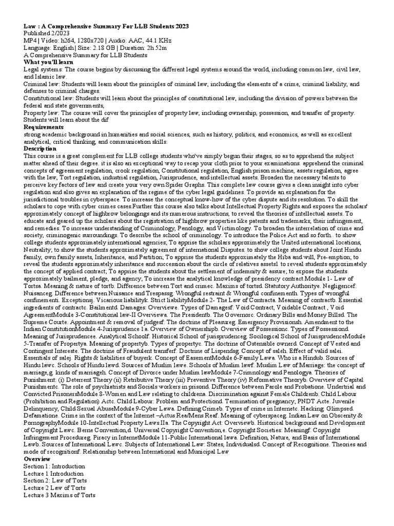 Law A Comprehensive Summary For LLB Students 2023 | PDF | Tort | Crimes