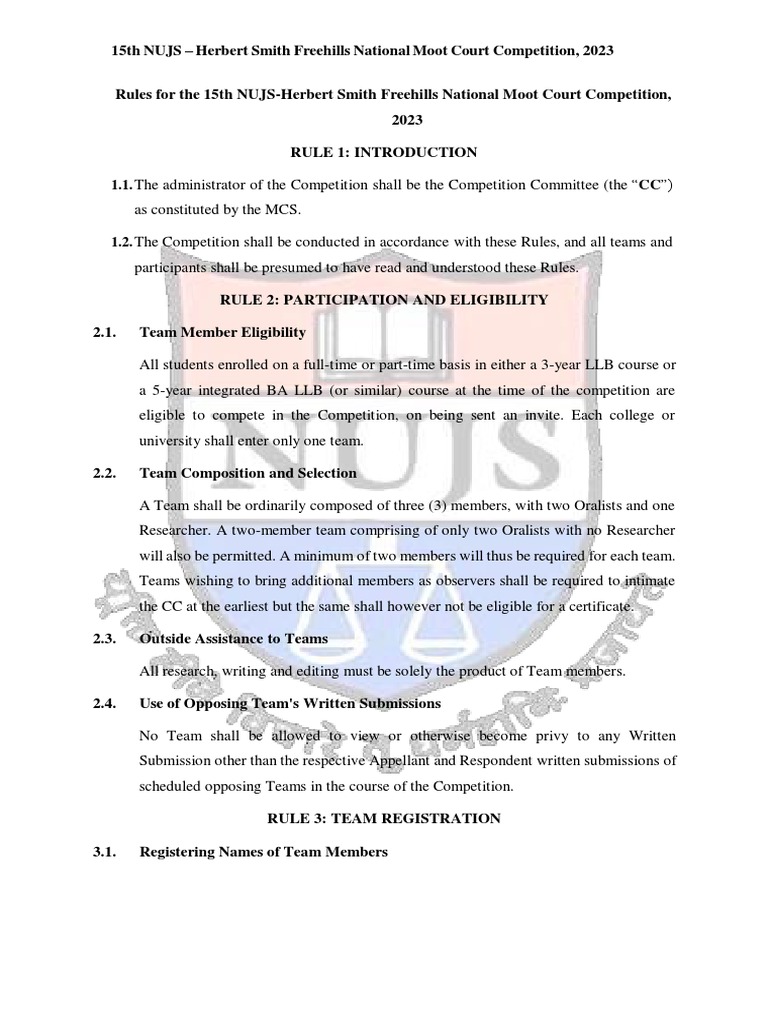 Rules For 15th NUJS-HSF National Moot Court Competition, 2023 PDF | PDF | Complaint | Judge