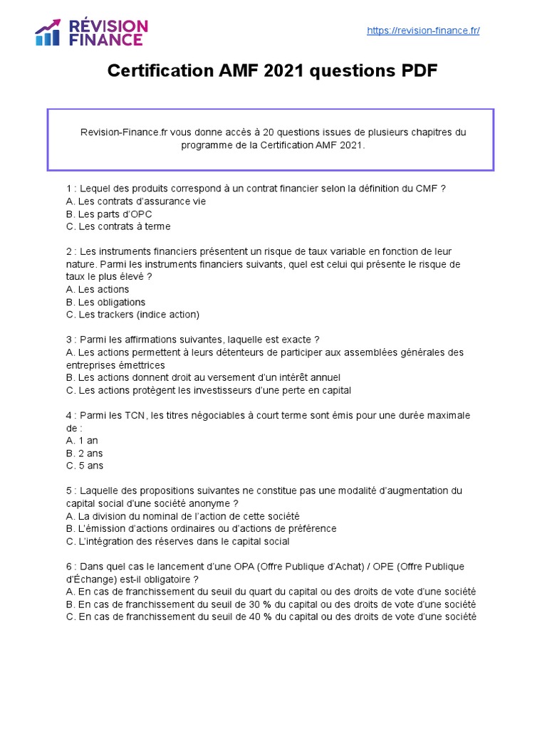 Certification Amf 2021 Questions | PDF | Action (Finance) | Offre publique