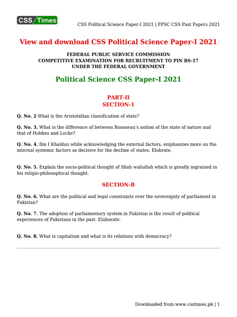 CSS Political Science Paper-I 2021 - FPSC CSS Past Papers 2021 | PDF ...