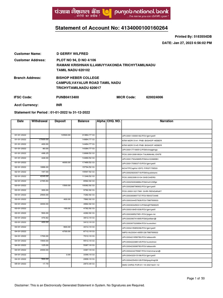 Statement of Account No: 4134000100160264: Date Narration Balance Deposit Withdrawal Alpha CHQ ...