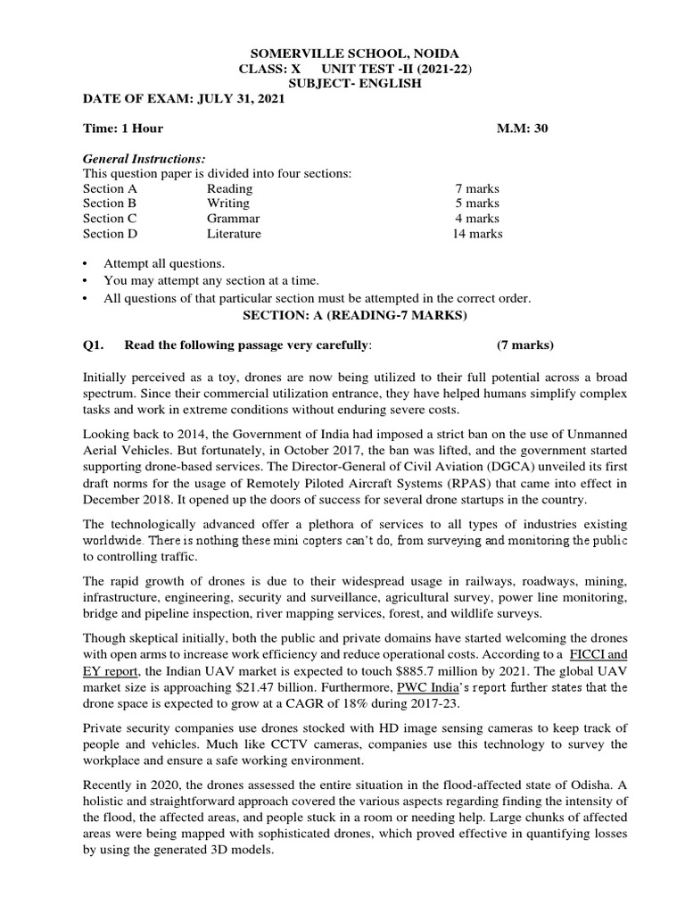 Class 10 Ut2 QP (2021-2022) | PDF | Unmanned Aerial Vehicle