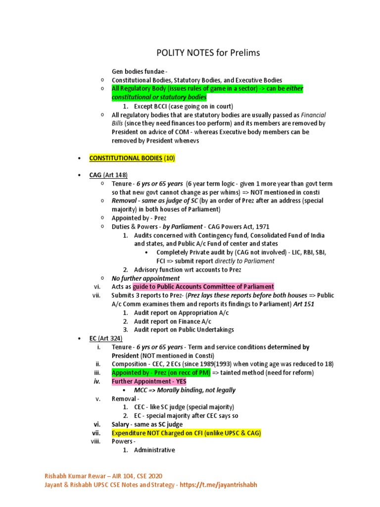 Polity Notes For Prelims | PDF | Political Law | Public Law
