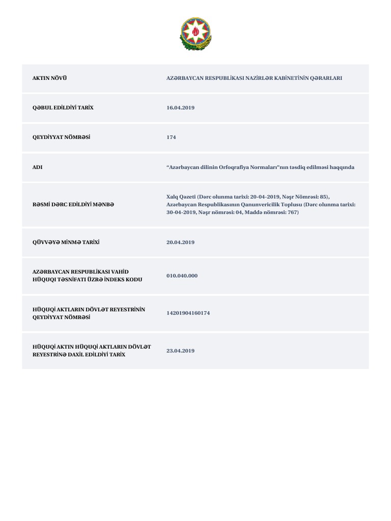 Azərbaycan Dilinin Orfoqrafiya Normaları - 2019 | PDF