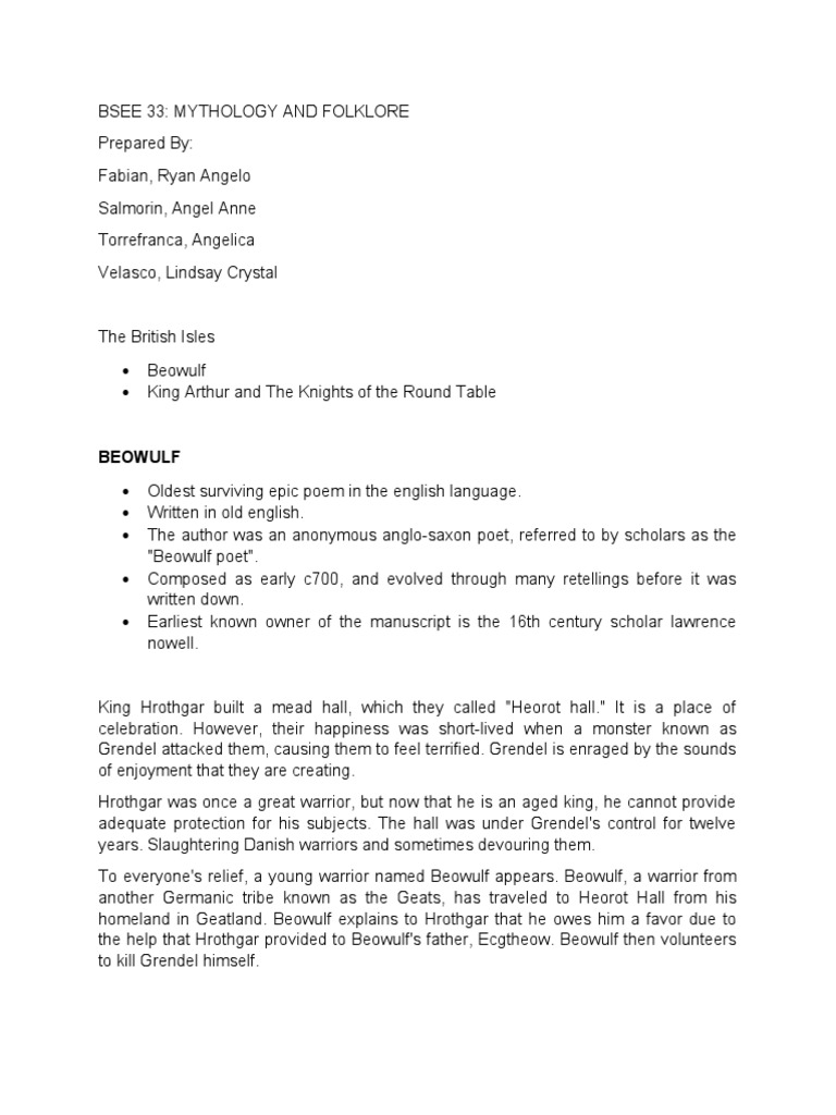 Bsee 33 Group 4 Written Report | PDF | Beowulf | Lancelot