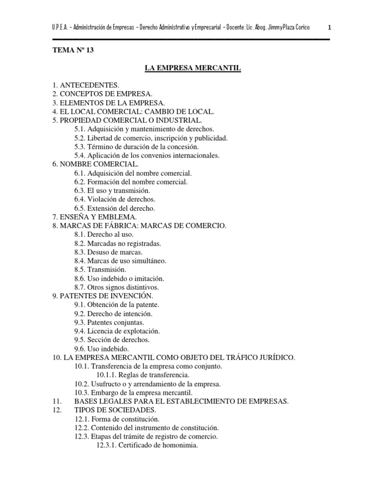 Tema #13 La Empresa Mercantil | PDF | Patentar | Sociedad de responsabilidad limitada