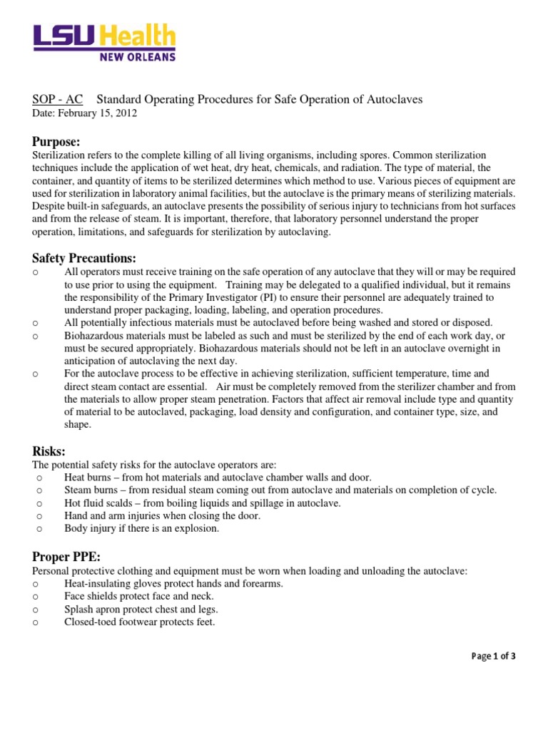 Sop - Ac Standard Operating Procedures For Safe Operation of Autoclaves | Download Free PDF ...