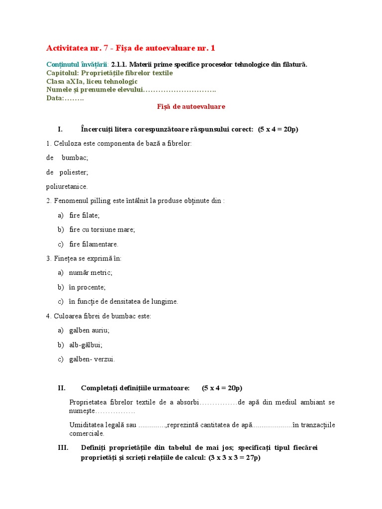 Fisa de Autoevaluare Fibre Textile - Elev | PDF
