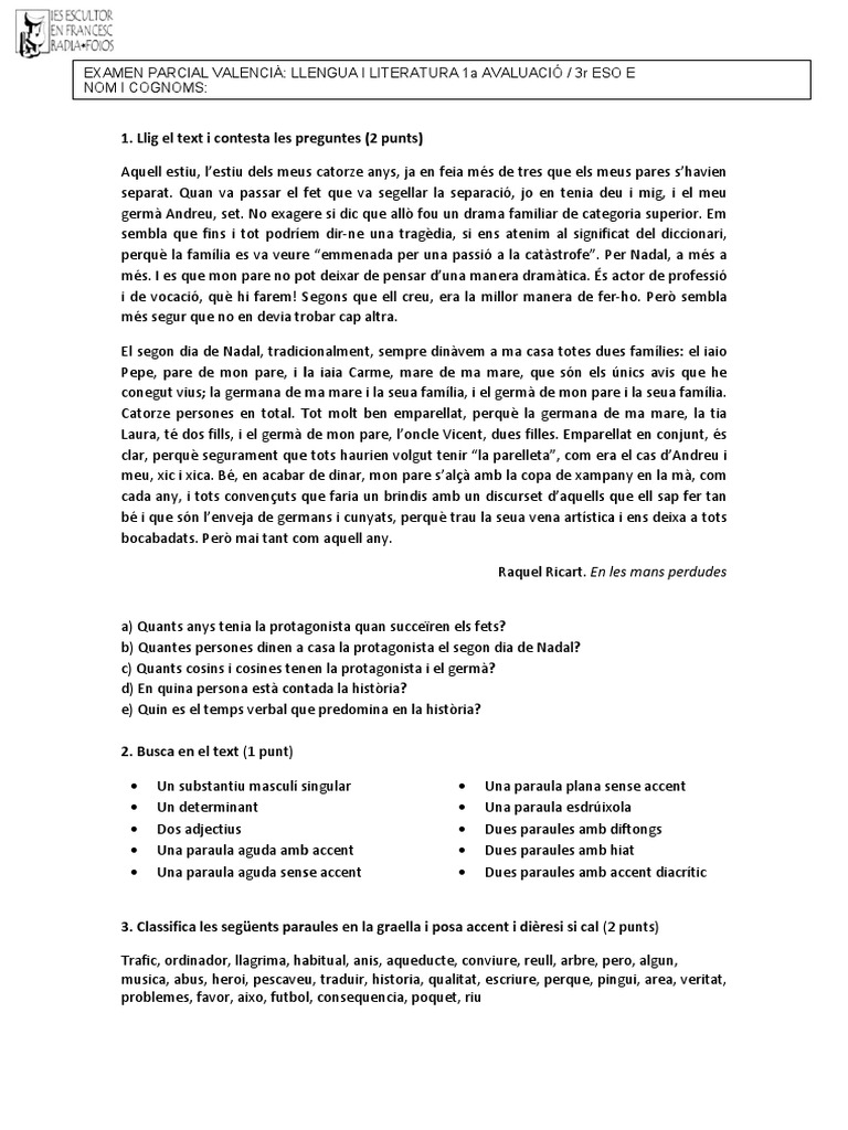 examen parcial 1a avaluació 3E pdf sense pen | PDF