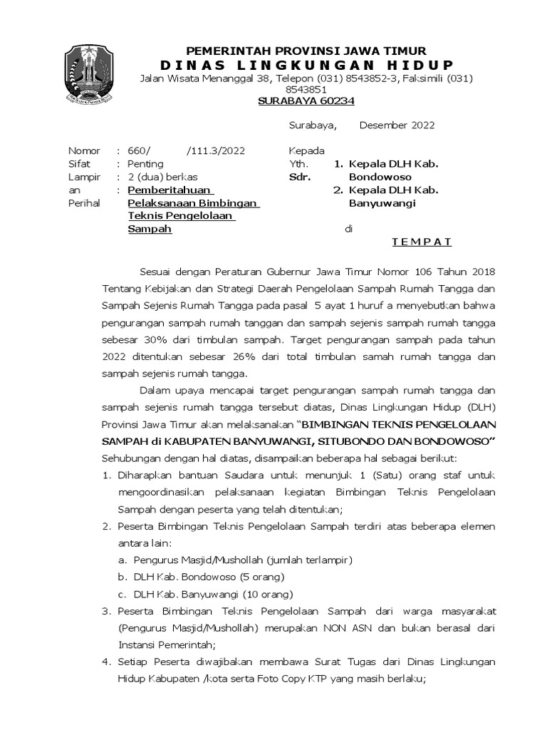 Surat Pemberitahuan BImtek Pengelolaan Sampah Kab Banyuwangi 16 Desember Dan Bondowoso 15 ...