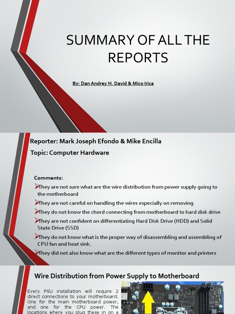 Proper Summary of Reports on Computer Hardware Components, Cleaning, Formatting and ...