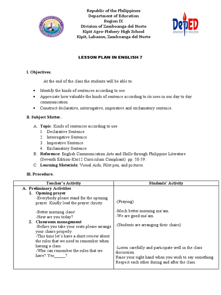 English Detailed Lesson Plan For Grade 7 Students | PDF | Question ...