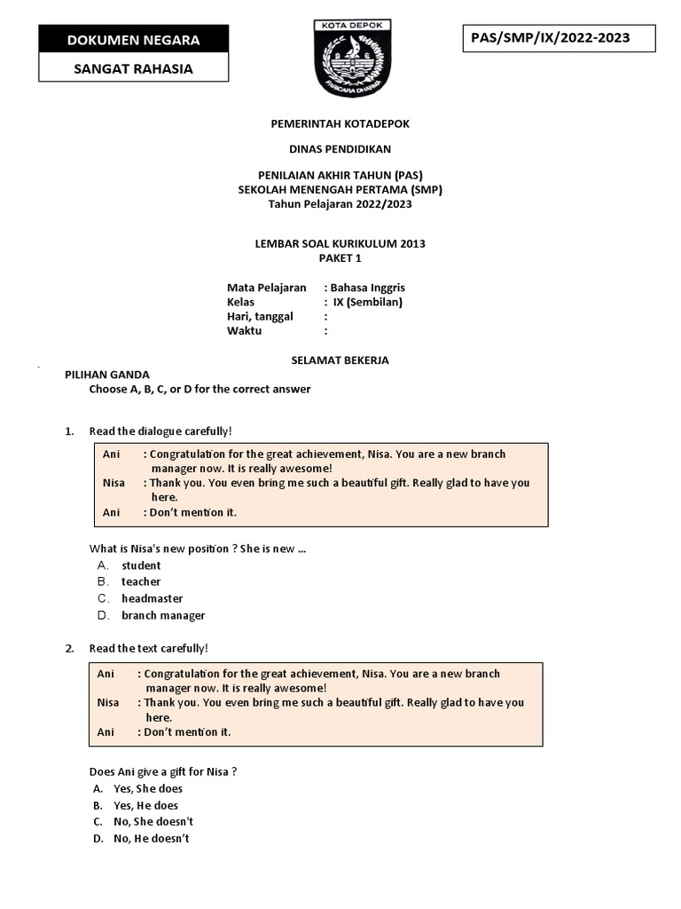 Paket 1 Soal Pas Bahasa Inggris Kelas 9 Revisi | PDF | Teaspoon | Food And Drink