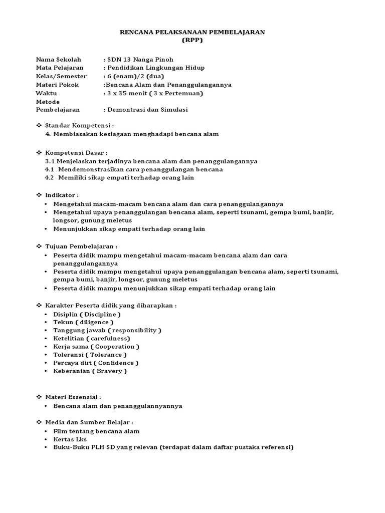RPP PLH Kelas 6 SD | PDF