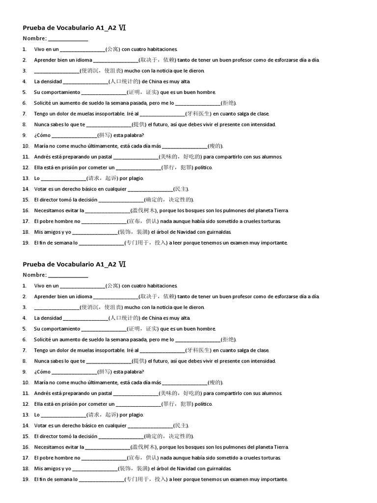 Prueba Vocabulario A1_A2 VI 38 palabras | PDF