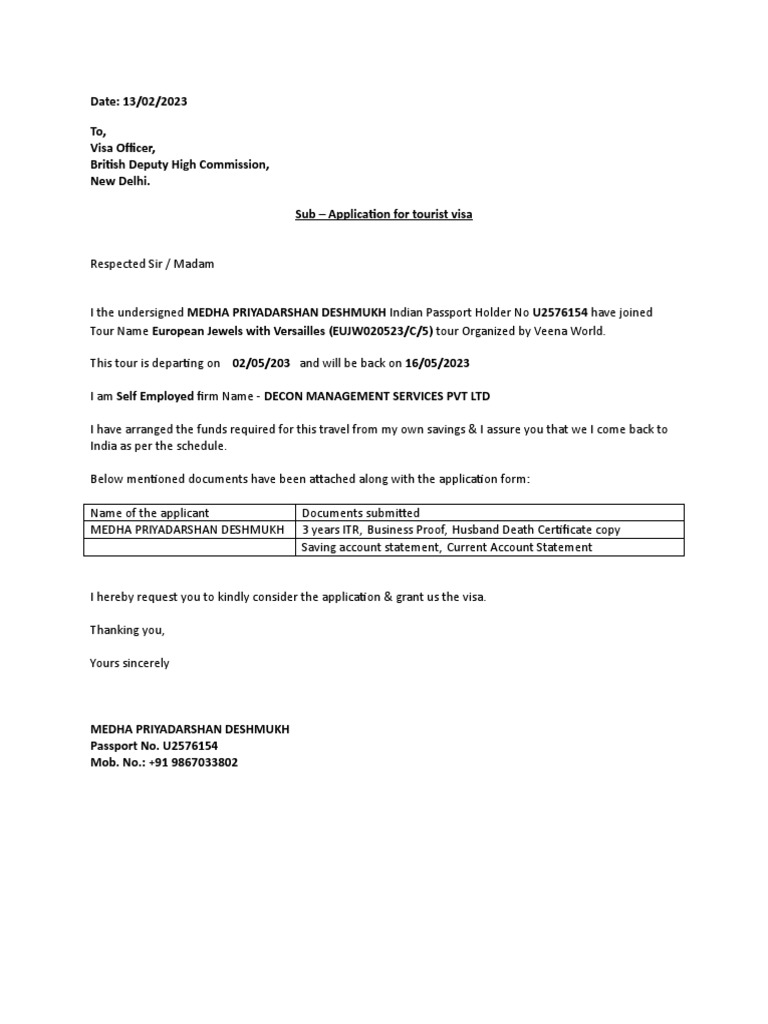 Covering Letter - For Visa Application | PDF