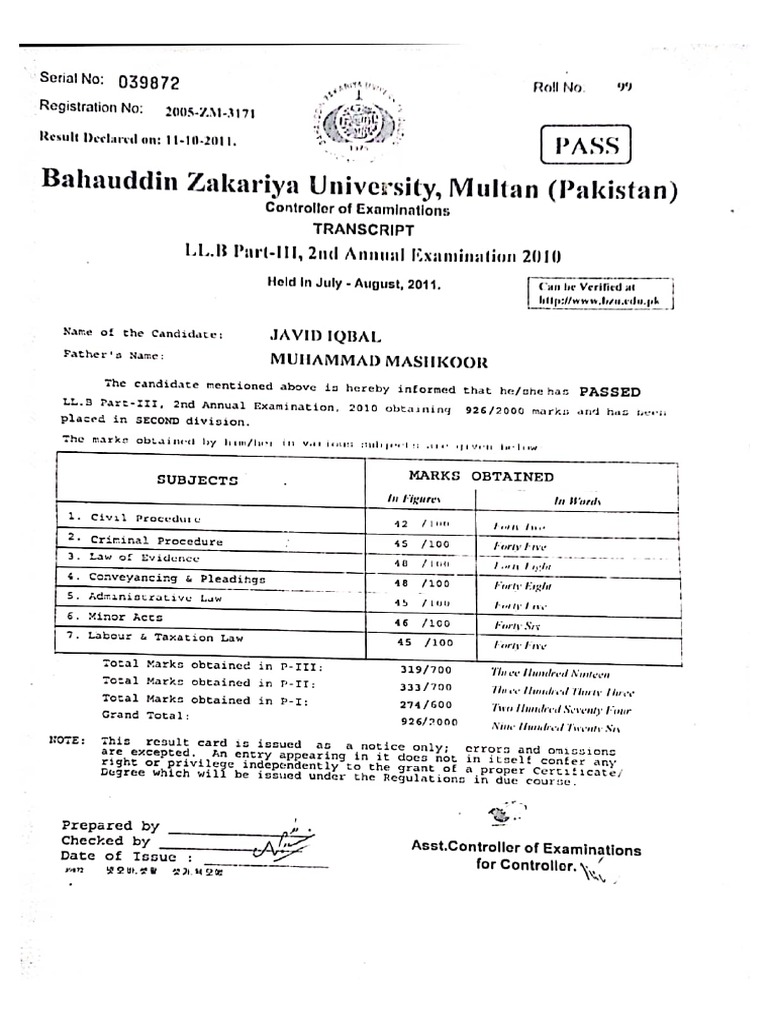 B.A LLB Transcripts | PDF
