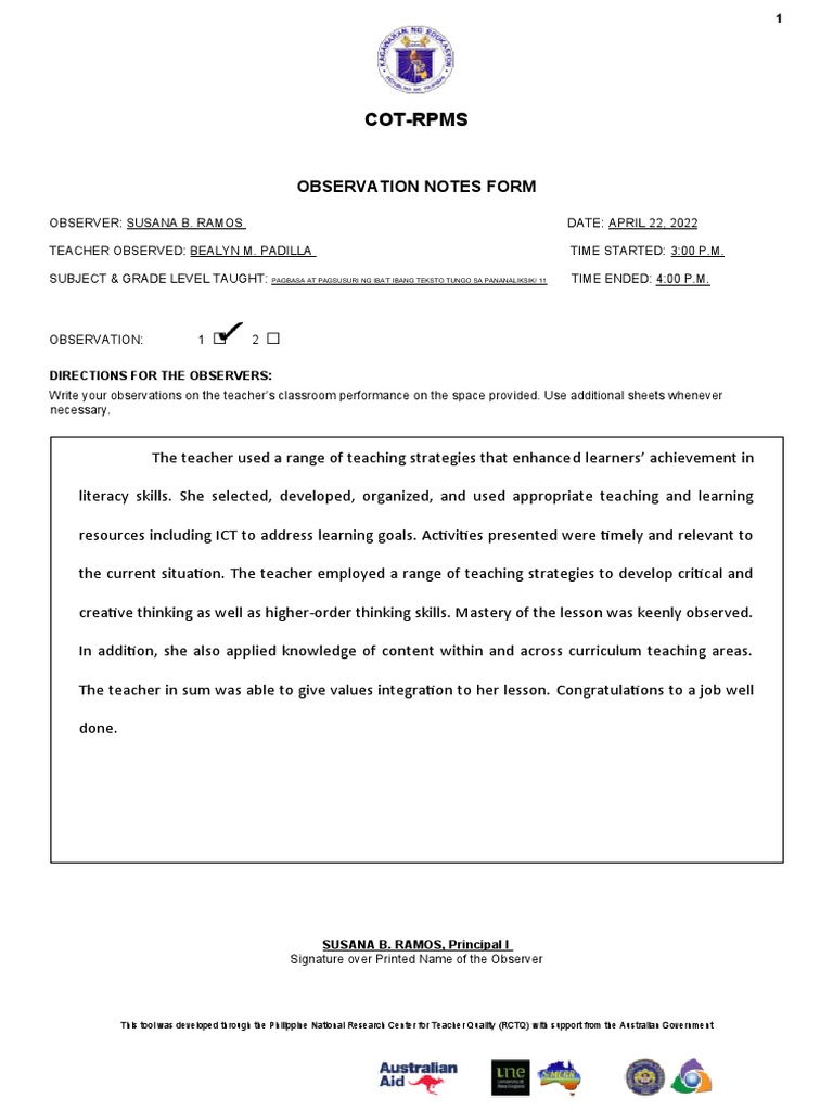 Observation Notes - Bea | PDF | Teachers | Learning