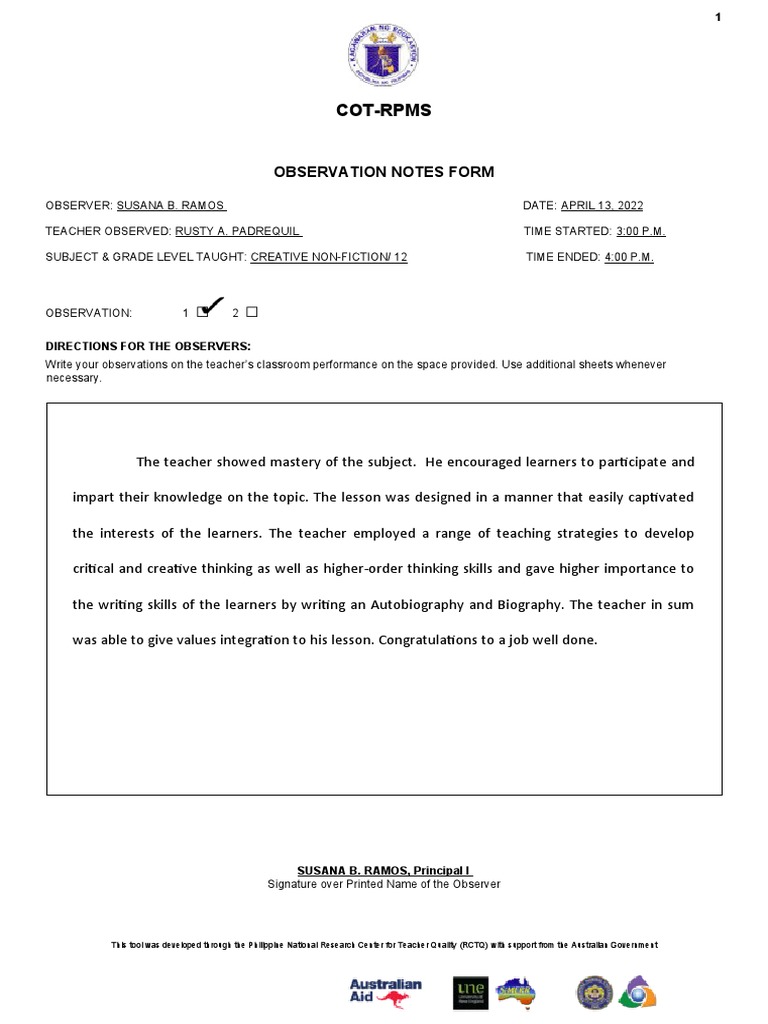 Observation Notes - Rusty | Download Free PDF | Teachers | Learning