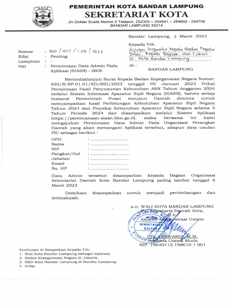 Surat Permintaan Data Admin Pada Aplikasi (Siasn) - BKN | PDF