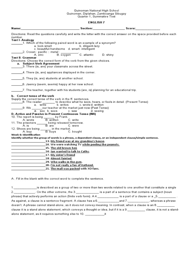 Quarter 1 Summative Test for English 7 | PDF | Clause | Sentence ...