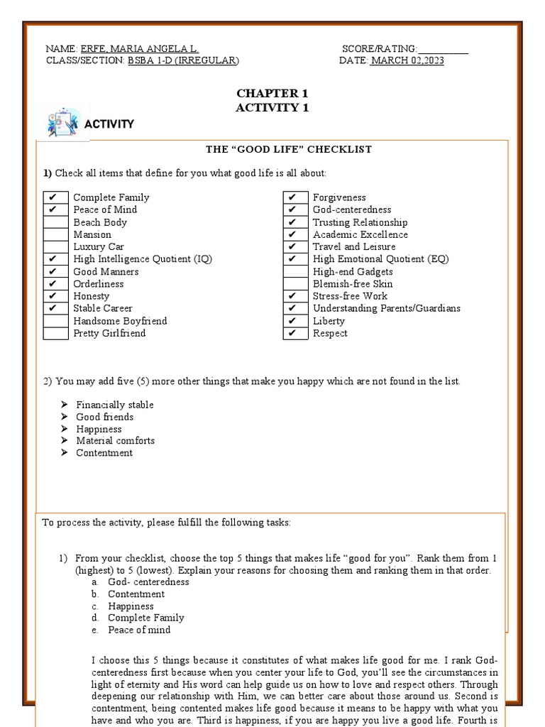Good Life Checklist and Rankings | PDF | Contentment | Cognitive Psychology