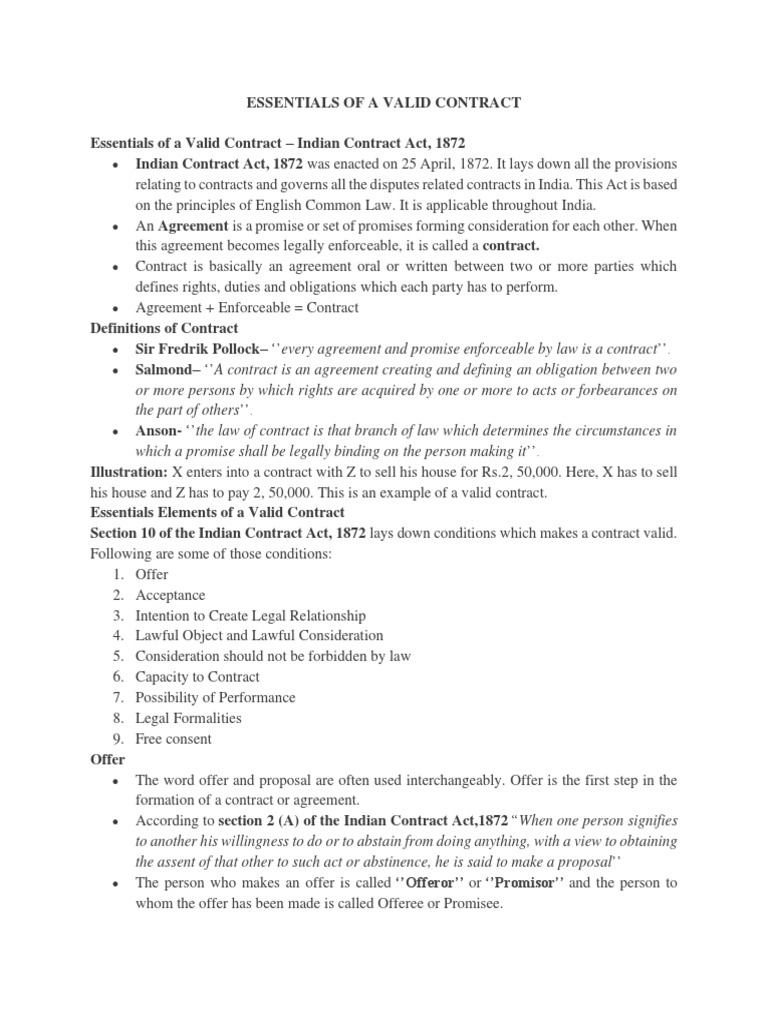 Essentials of A Valid Contract | PDF | Offer And Acceptance | Consideration