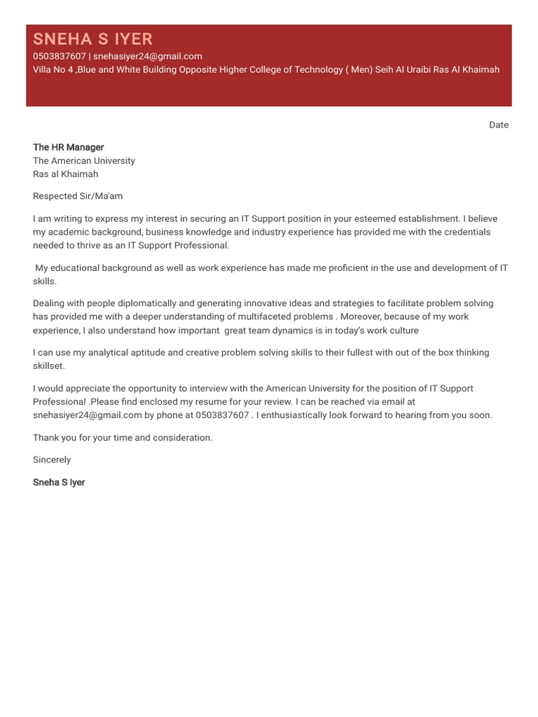 A Compelling Cover Letter: Sneha S Iyer's Application for an IT Support ...