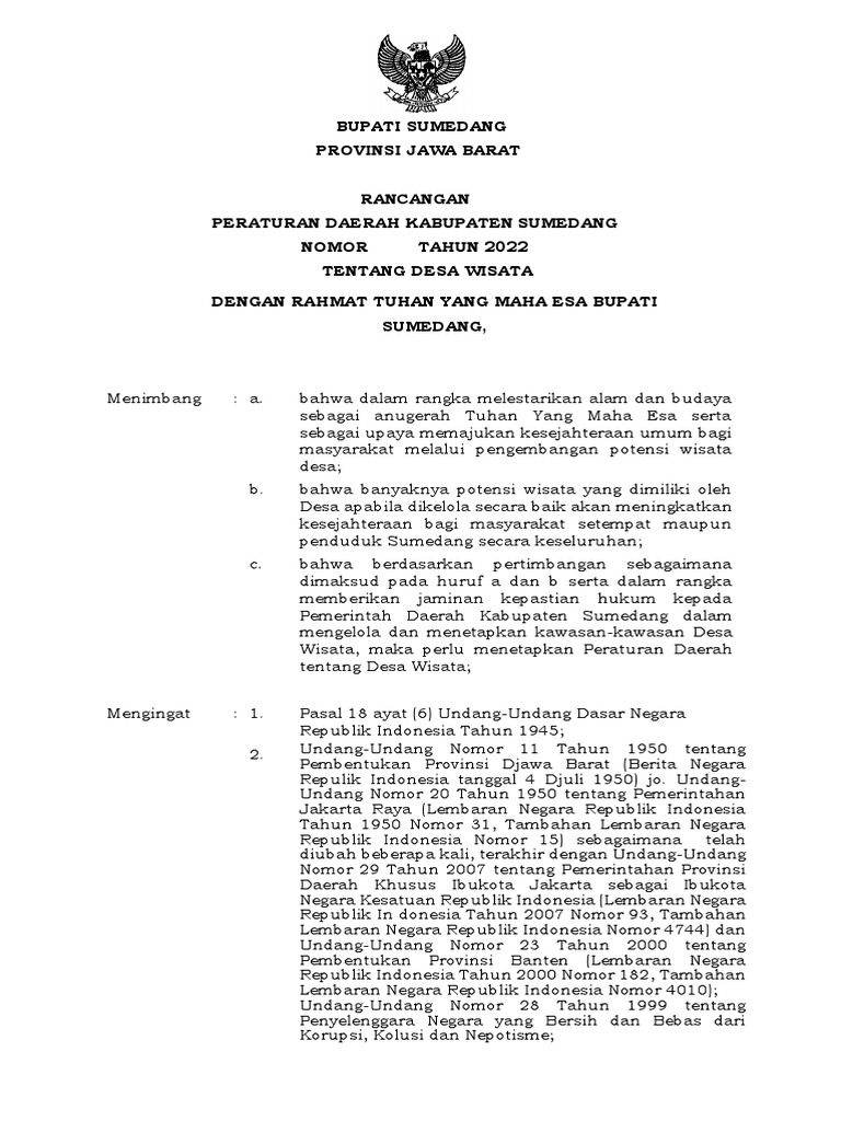 Draft Perda Desa Wisata Sumedang | PDF