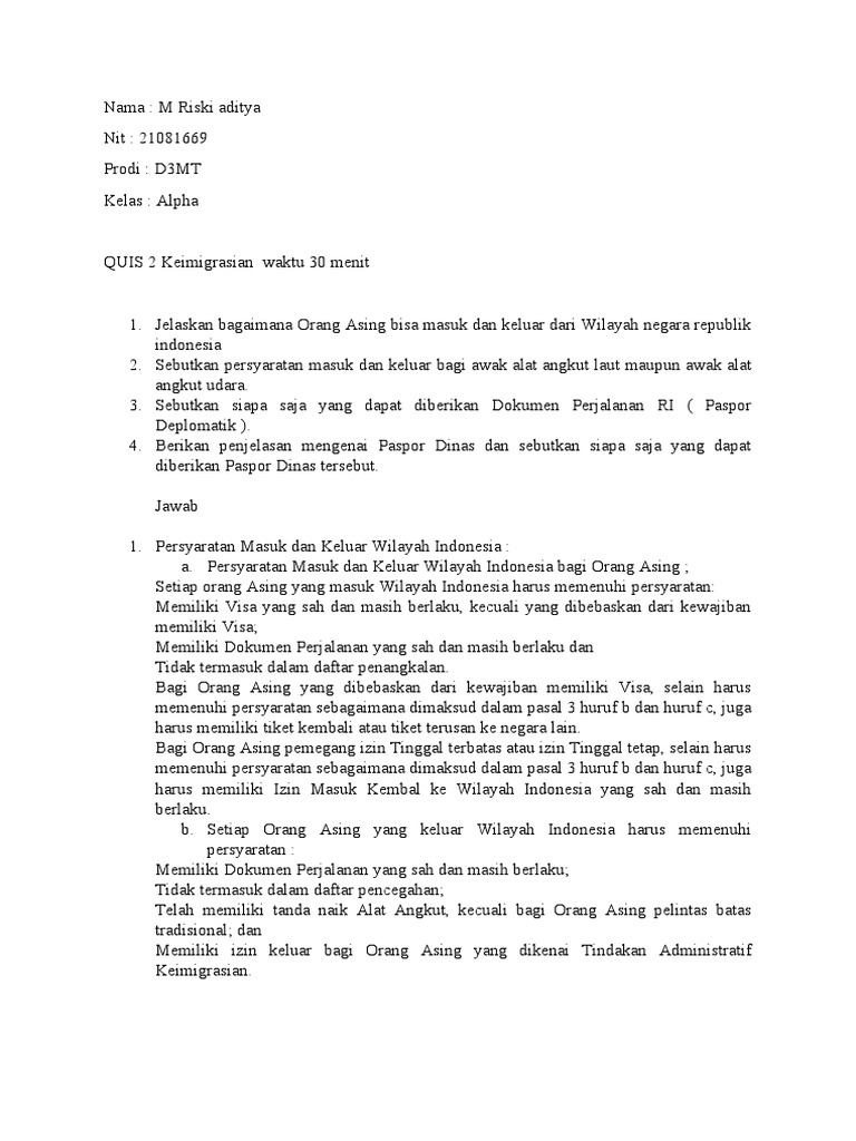 Quiz Keimigrasian M Riski Aditya MT - Alpha | PDF