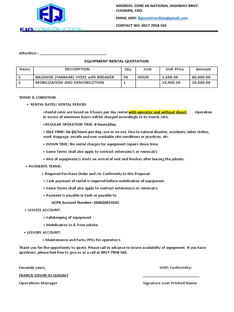 Backhoe Equipment Rental Quotation | PDF | Lease | Civil Law (Legal System)