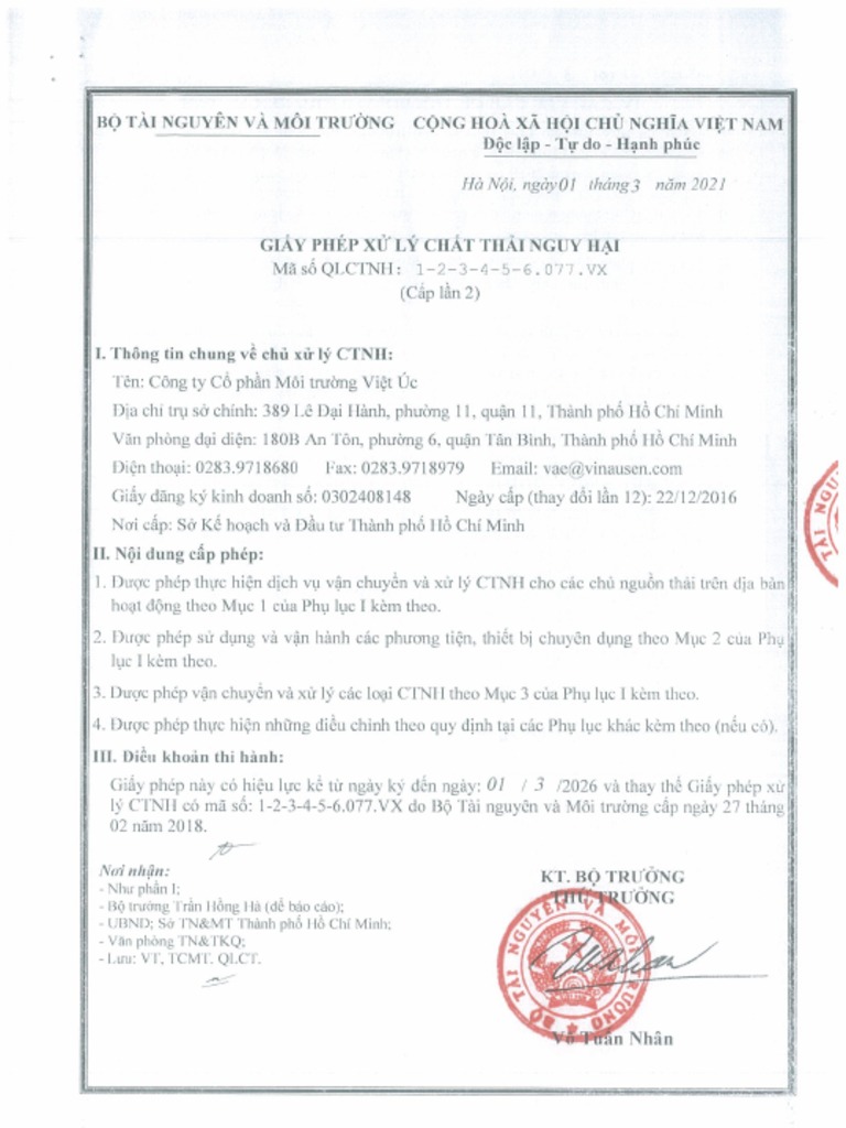 Waste Disposal License - GIAY PHEP XLCT 2021-2026 | PDF