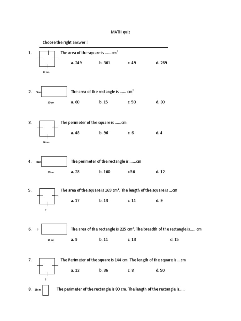 Math Quiz: Area, Perimeter, and Heights | PDF | Length | Mathematics